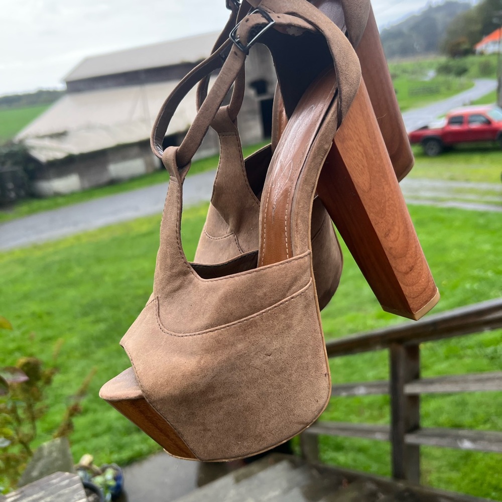 Leather Peep Toe Wood Platform Clog Heels Yandy Vtg - Gem